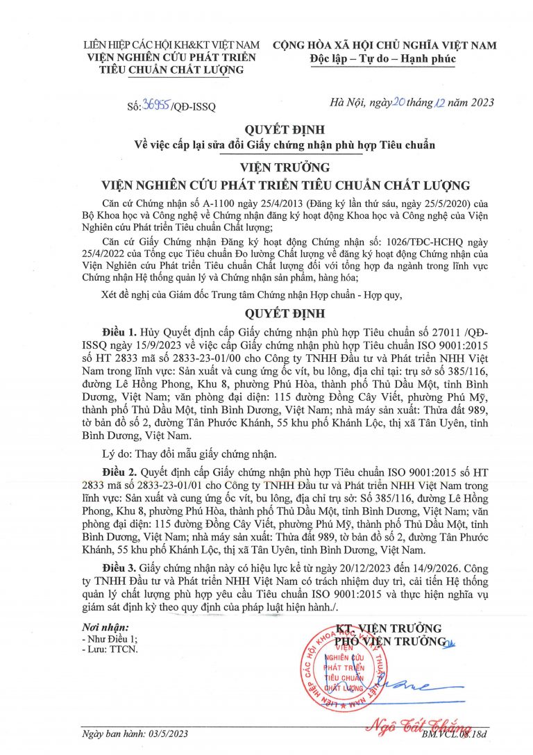 Chứng nhận quốc tế - CÔNG TY TNHH ĐẦU TƯ VÀ PHÁT TRIỂN NHH VIỆT NAM